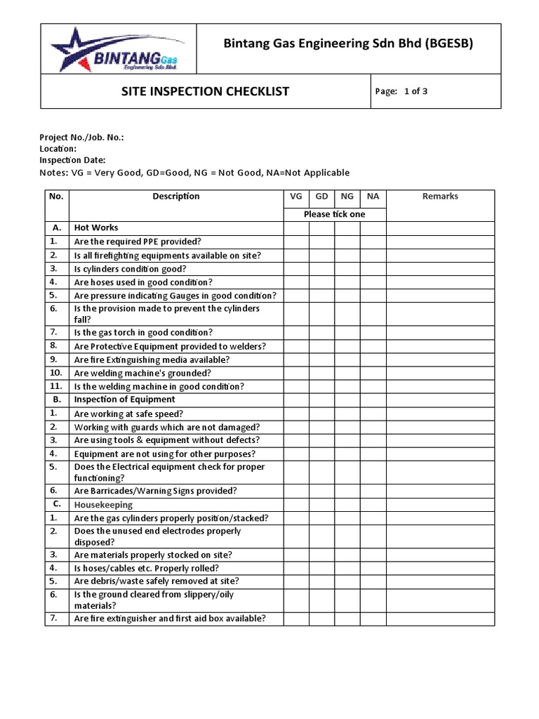 Bintang Gas Engineering SDN BHD (BGESB) Site Inspection Checklist ...