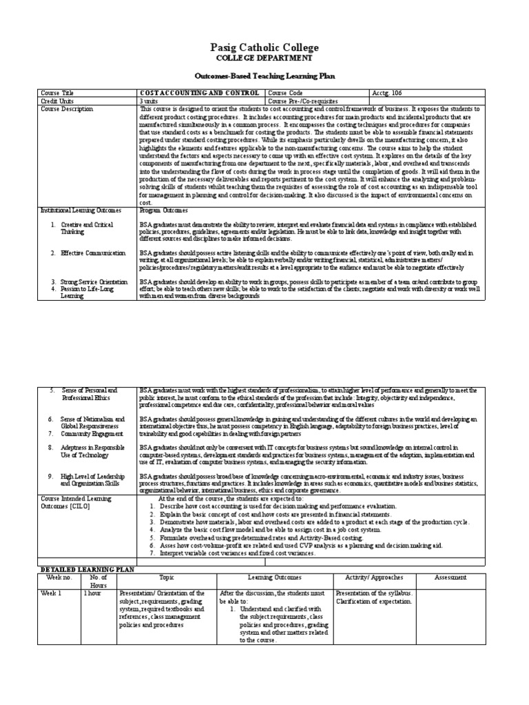 Acctg 106 Cost Acctg0be Syllabus Template 1 | PDF | Lean Manufacturing ...