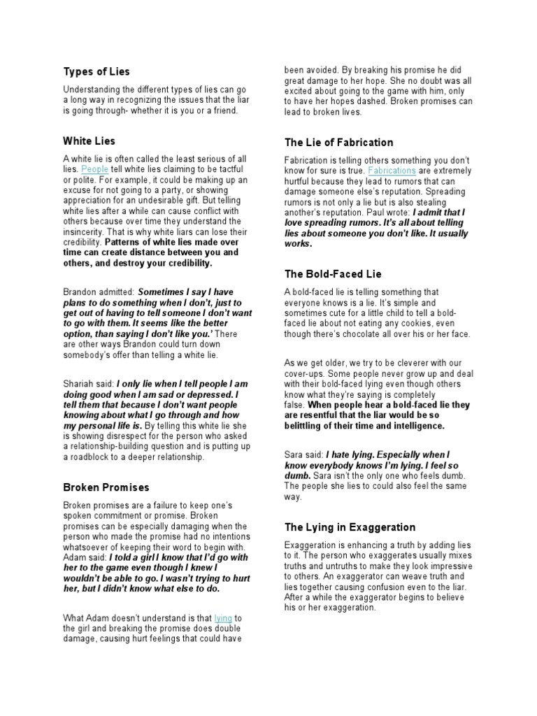 Types of Lies: People Fabrications | PDF | Lie