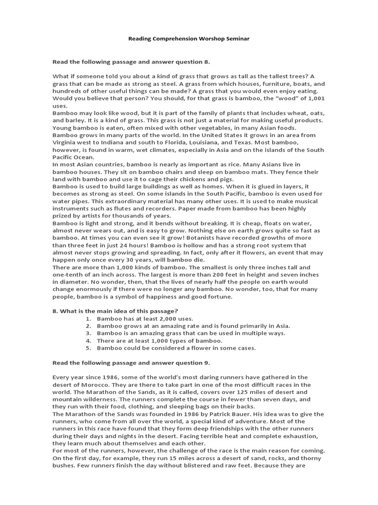 Read The Following Passage and Answer Question 8.: Reading ...