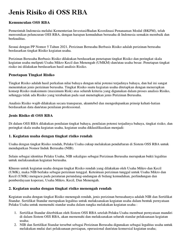 Jenis Risiko Di OSS RBA (Sertifikat Standar) | PDF
