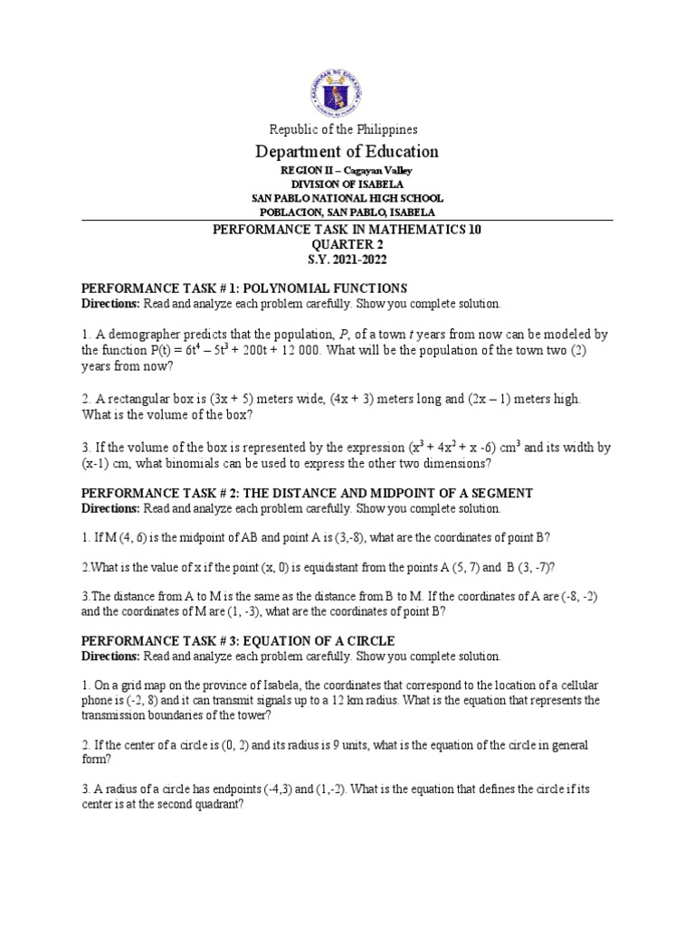Performance Task Quarter 2 Math 10 | PDF