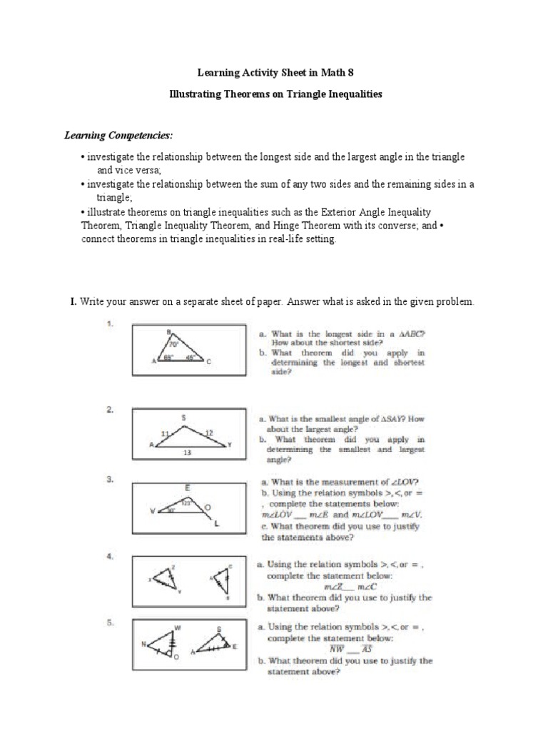 Math 8 - Illustrating Theorems On Triangle Inequalities | PDF