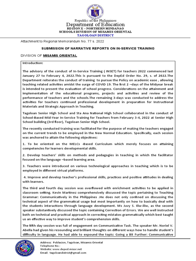 Department of Education: Submission of Narrative Reports On In-Service ...