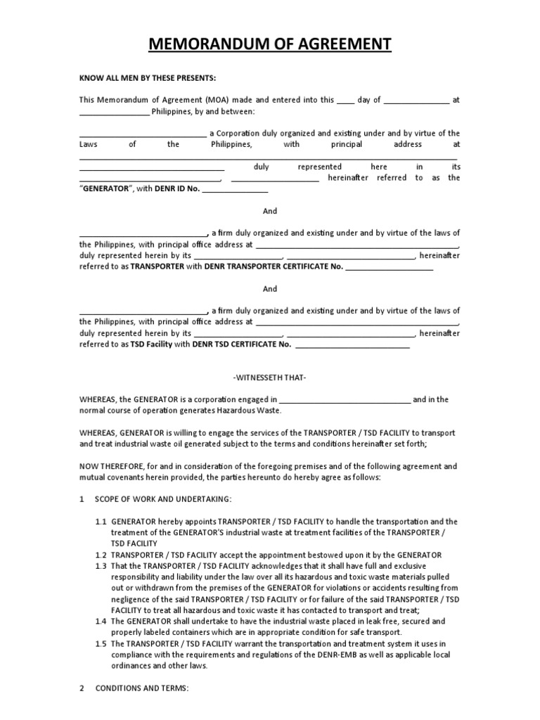Memorandum of Agreement Generator and TSD and Transporter 2 | PDF ...