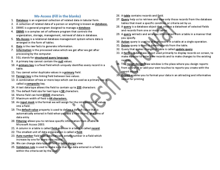 DBMS LESSON ALL Fill in The Blanks | PDF | Databases | Relational Database