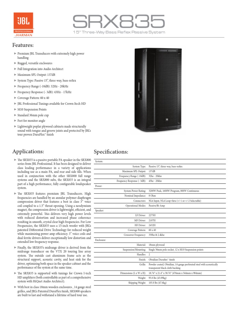 SRX835 Spec Sheet - 11 - 11 - 19 | PDF | Loudspeaker | Electrical ...