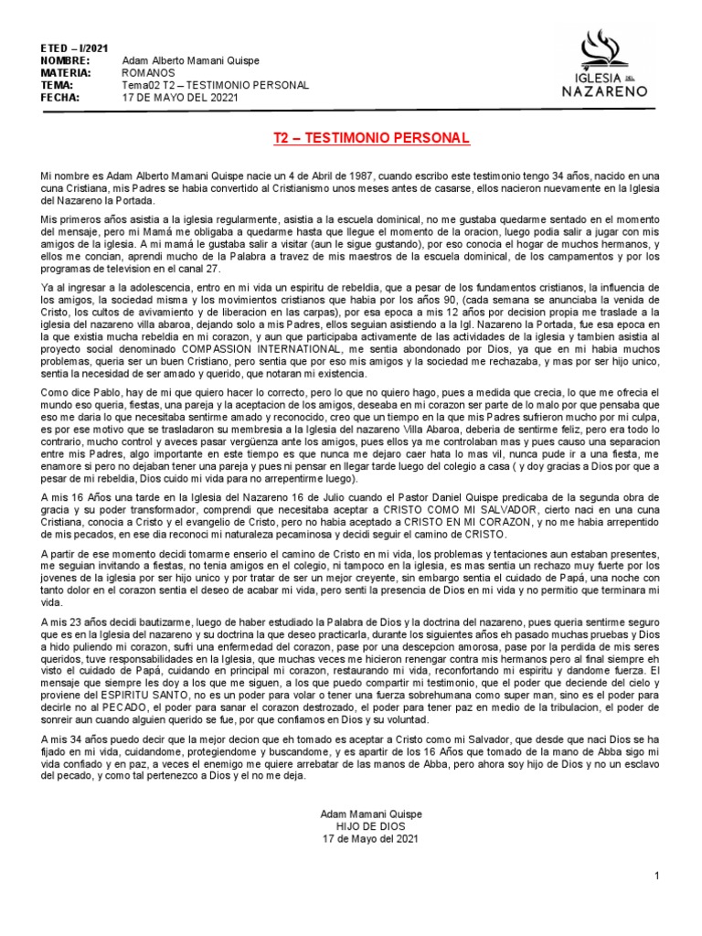 02 Tarea02 Testimonio Personal | PDF | Cristo (título) | Religiones ...