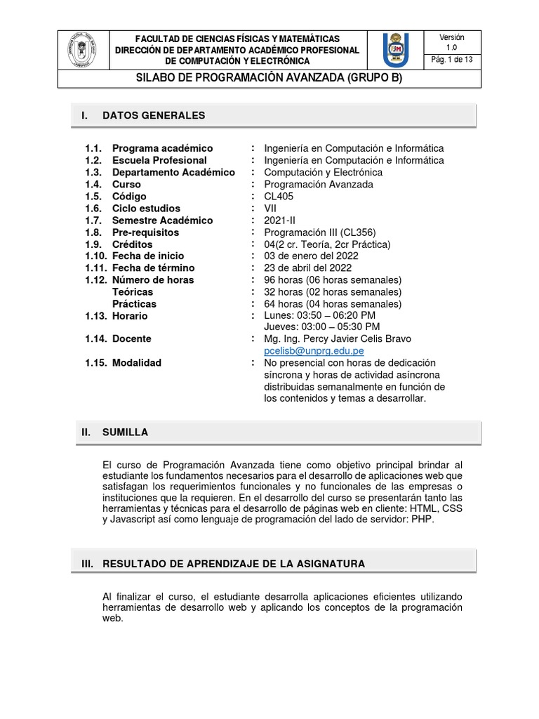 Silabo Programación Avanzada 2021 II GB | PDF | Php | Internet y web