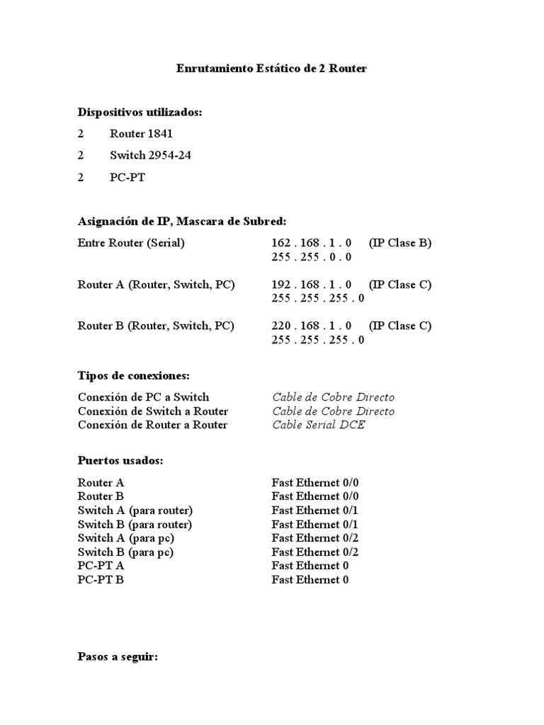 Ejercicio Enrutamiento Estatico | PDF | Dirección IP | Enrutador (Computación)
