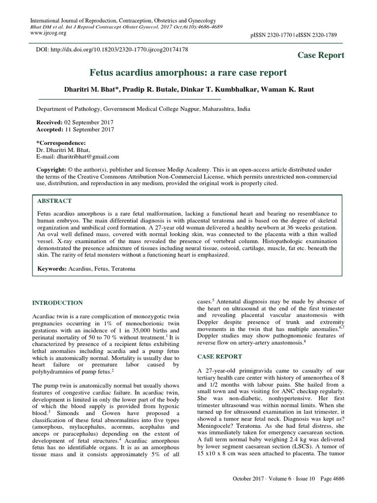 Fetus Acardius Amorphous: A Rare Case Report:, Pradip R. Butale, Dinkar ...