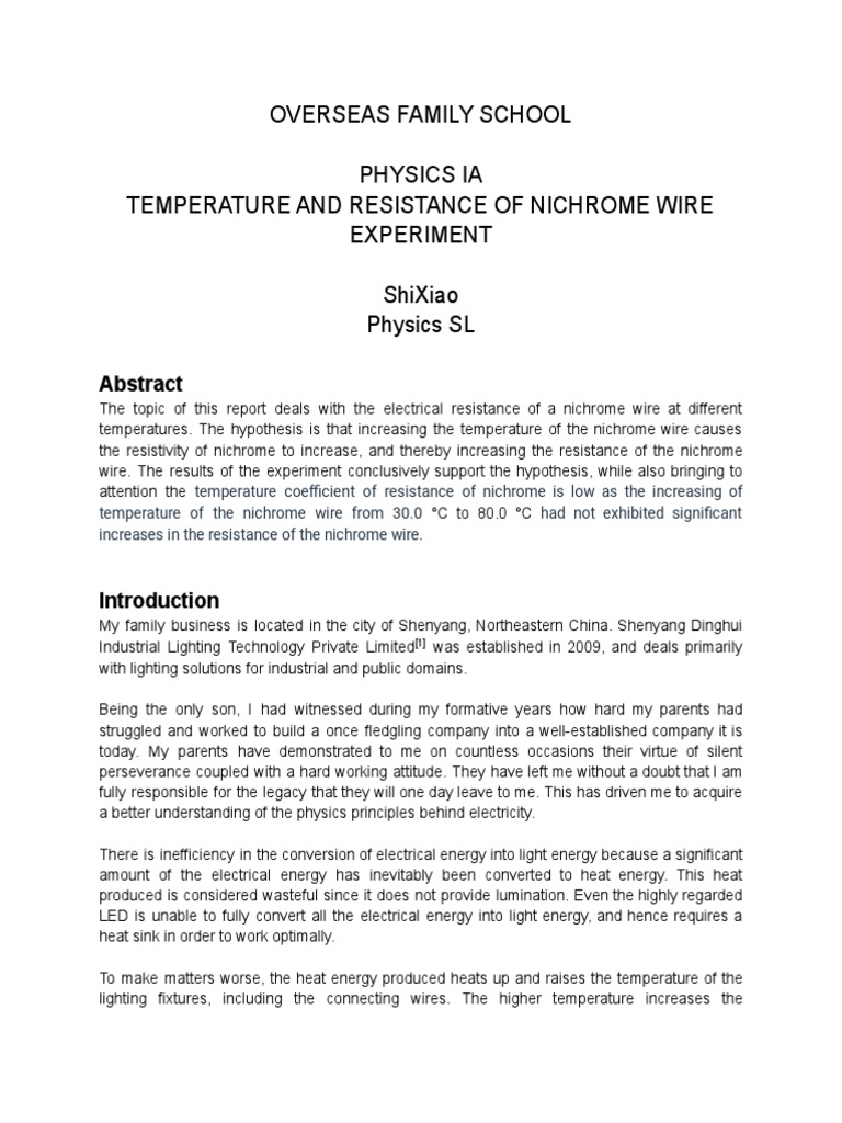 Overseas Family School Physics Ia Temperature and Resistance of ...