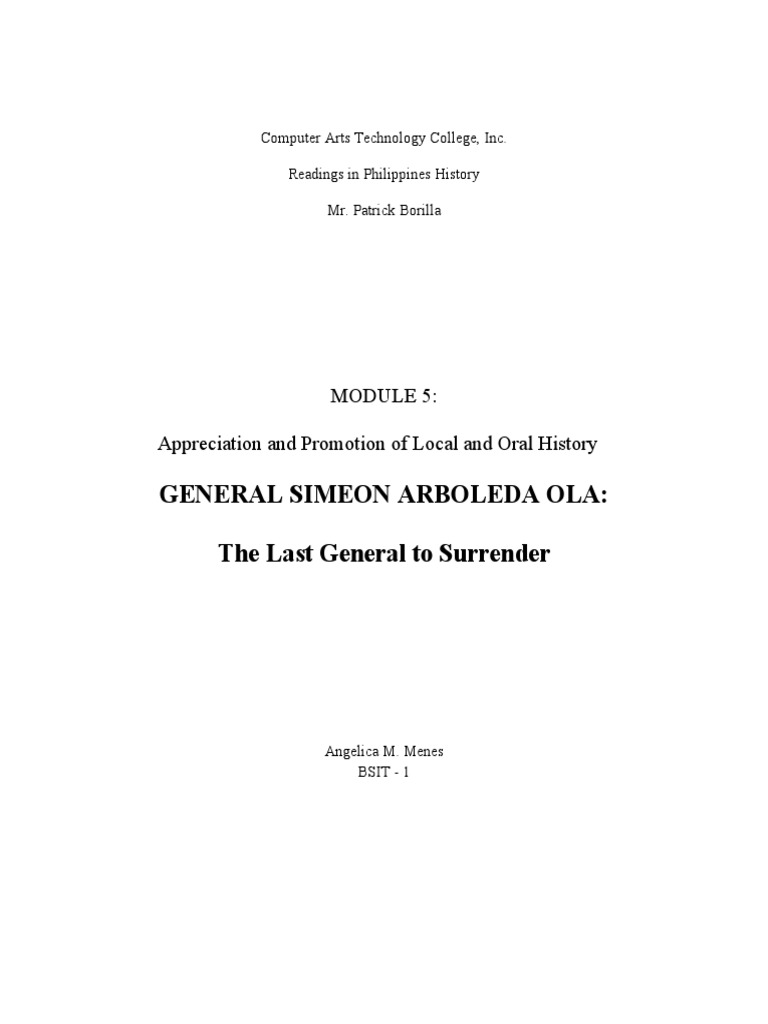 Simeon Ola The Last General To Surrender - Local Histoy | PDF | Philippines
