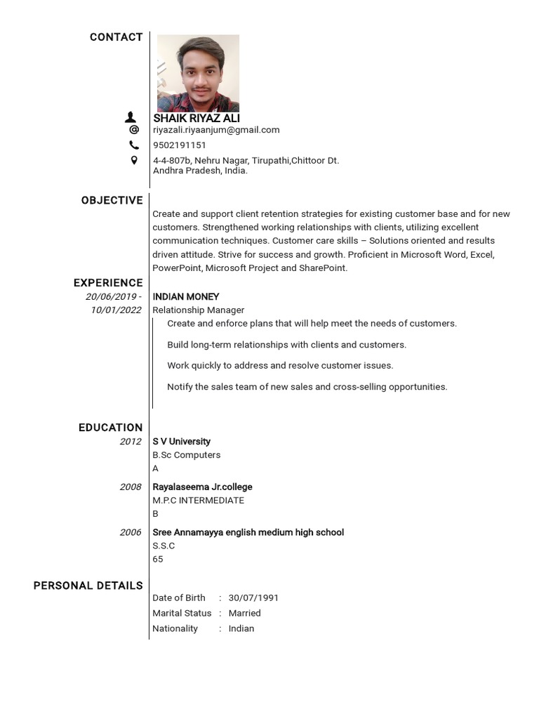 Riyaz Relationship Manager Resume | PDF
