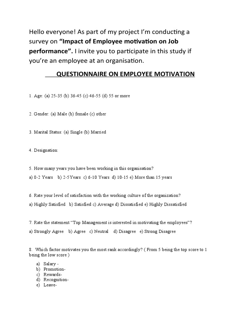 Questionnaire On Employee Motivation | PDF | Motivational | Motivation