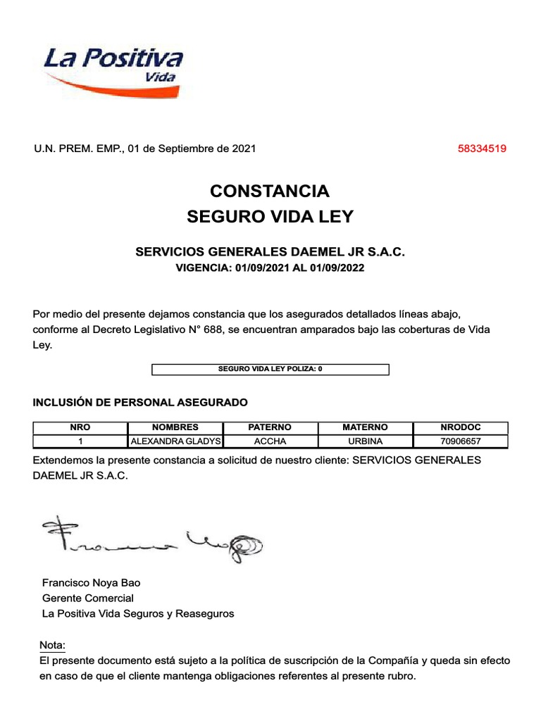 Constancia Seguro Vida Ley 2021-2022 | PDF | Negocios