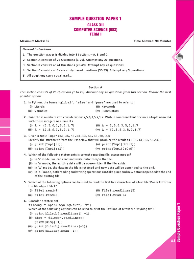 Computer Science-Class-Xii-Sample Question Paper-1 | PDF | Parameter ...