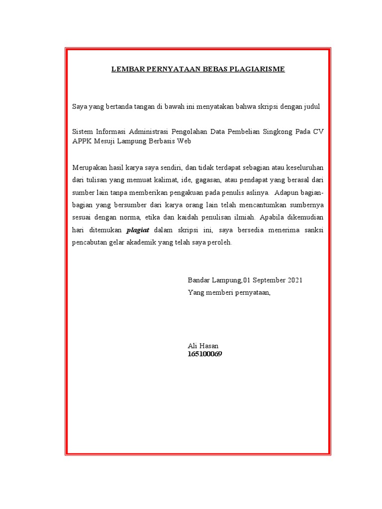 Contoh Lembar Plagiat | PDF