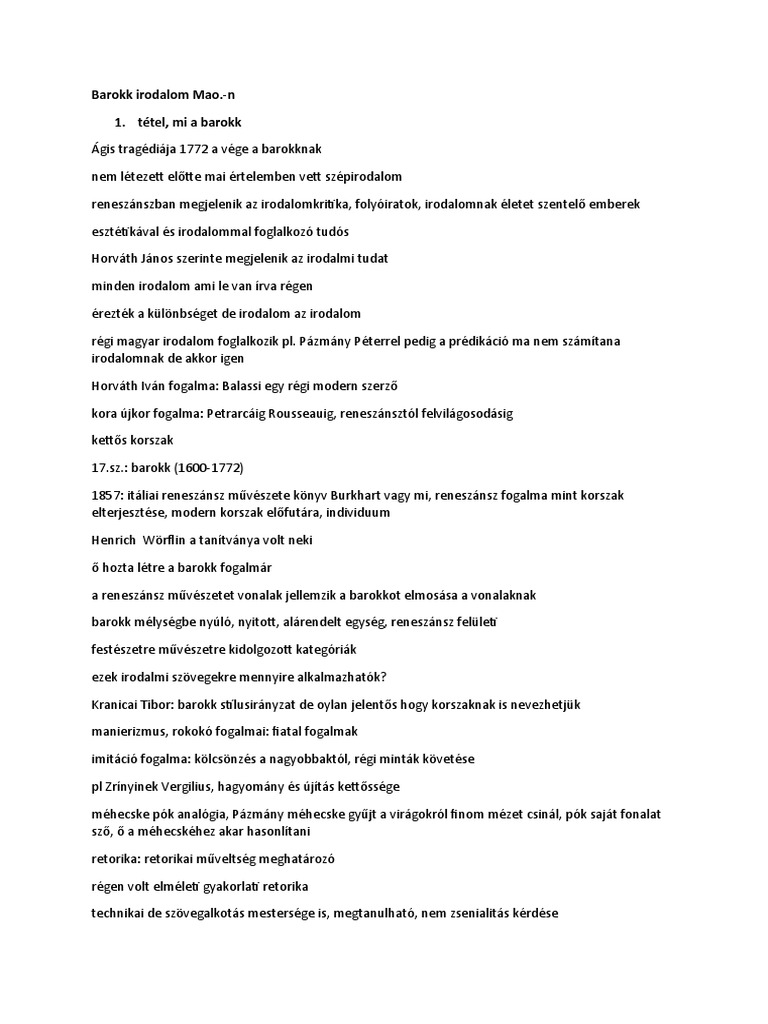 Barokk Irodalom Mao Jegyzet | PDF