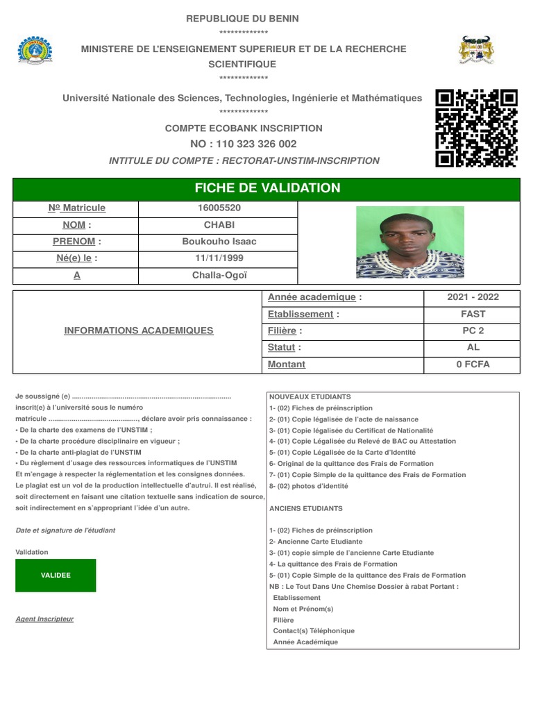 Validation d'inscription à l'UNSTIM | PDF