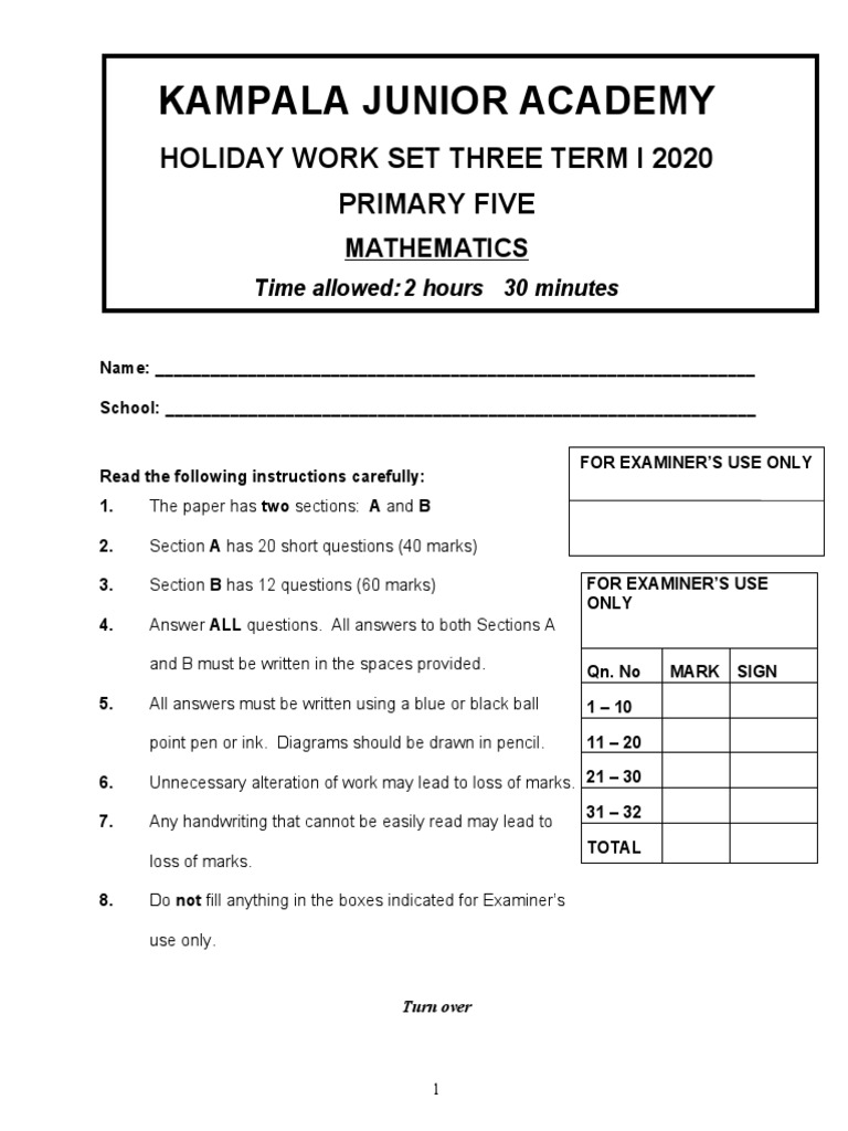 P.5 Set 3 MTC Exam - Teacher - Ac | PDF | Mathematics