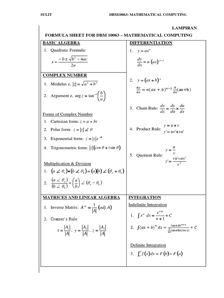 Lampiran Formula Sheet For DBM 10063 - Mathematical Computing Basic ...