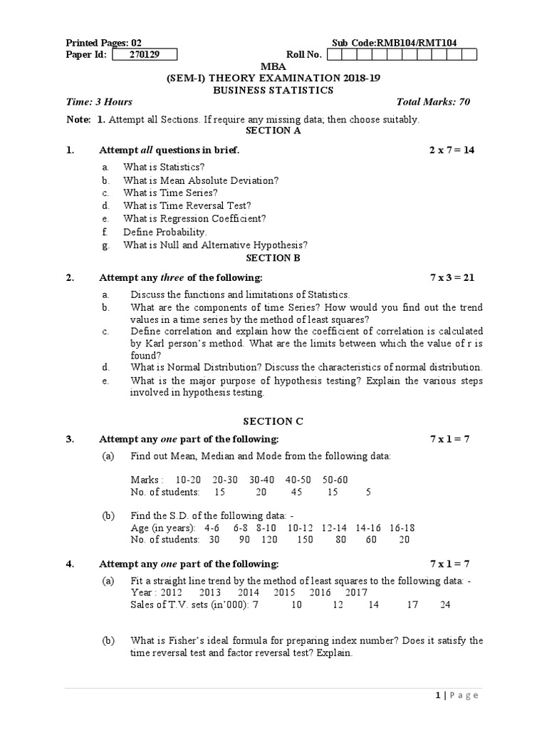Mba-1-Sem-Business-Statistics-Mba-Aktu-Previous Year Paper | PDF ...