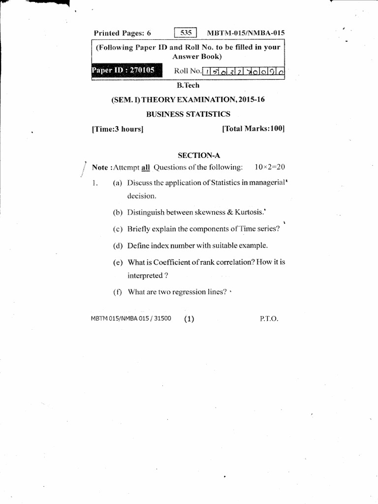 Mba-1-Sem-Business-Statistics-Mba-Aktu-Previous Year Paper | PDF ...