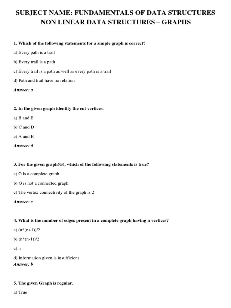 Fundamentals of Data Structure - MCQ - V | PDF | Vertex (Graph Theory ...