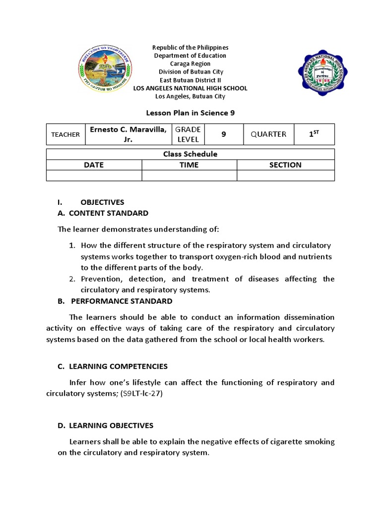 Lesson Plan For COT First Quarter | PDF | Lesson Plan | Circulatory System