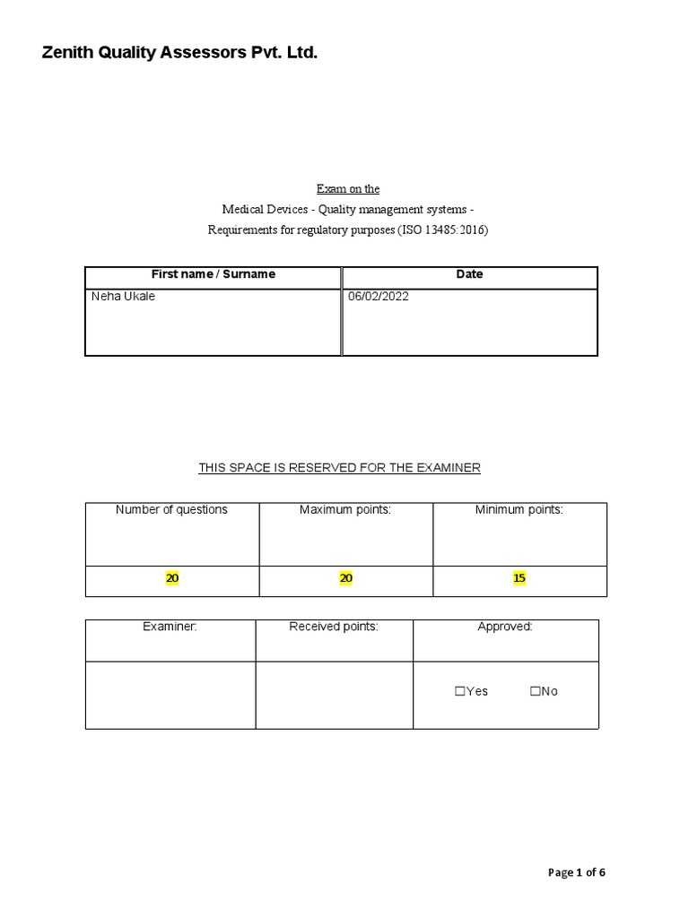 IQA ISO 13485 - 2016 Exam | PDF | Quality Management System | Audit