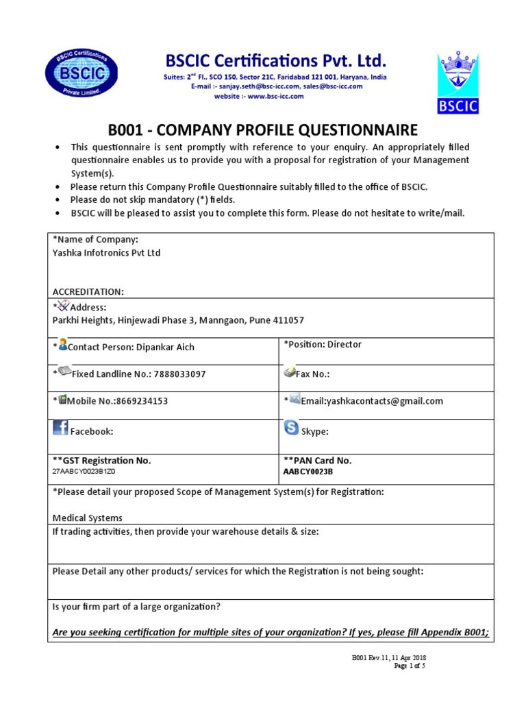 B001 Company Profile Questionnaire R11 | PDF | Audit | Business