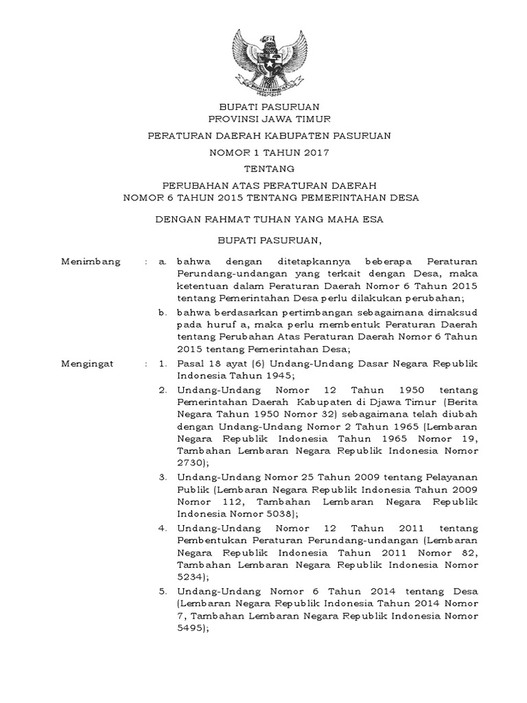 Perda Kab Pasuruan No 1 Tahun 2017 TTG Perubahan Atas Peraturan Daerah ...