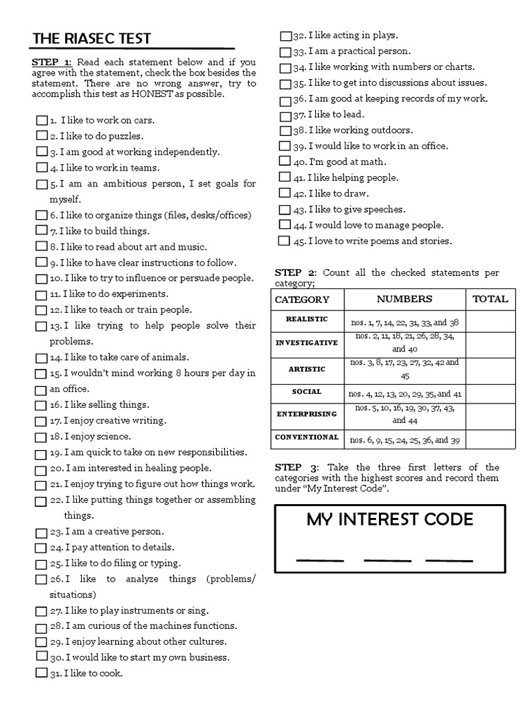 The Riasec Test: My Interest Code | PDF | Science | Engineering