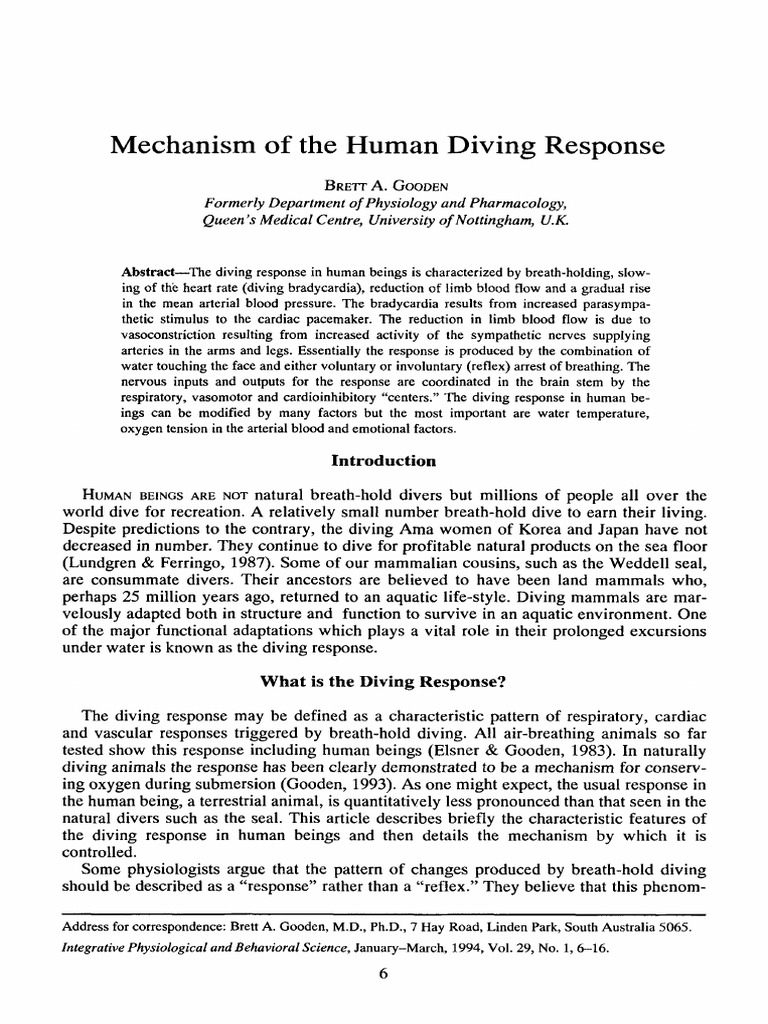 Mechanism of The Human Diving Response | Download Free PDF | Physiology ...