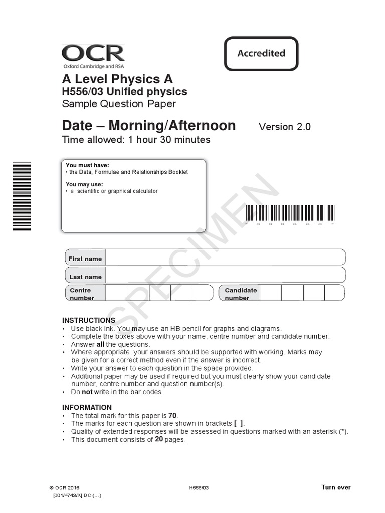 QP Unit 03 A Level Unified Physics SampleA Level OCR Physics | PDF ...