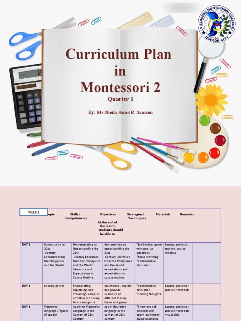 Curriculum Plan in Montessori 2: Quarter 1 | PDF | Reading ...