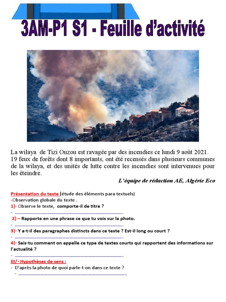 Incendies à Tizi Ouzou : Brève 3AM | PDF