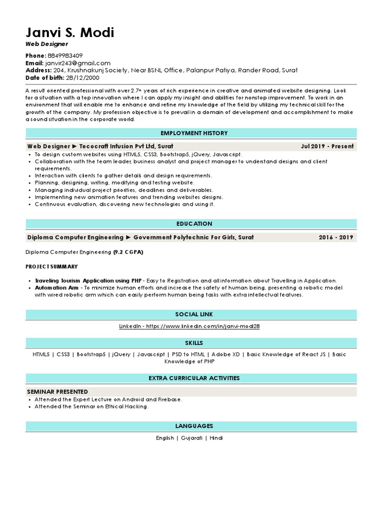 Janvi CV | PDF | Web Design | Html5