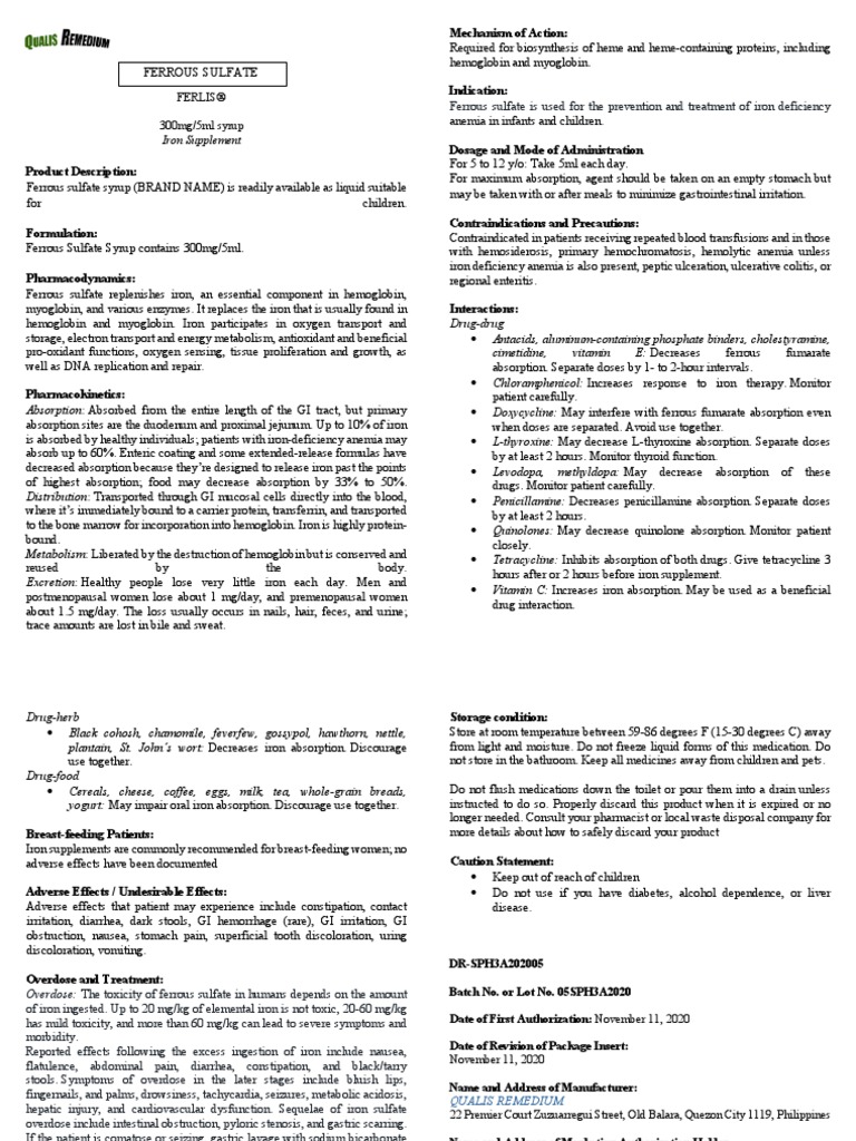 Ferrous Sulfate Syrup Insert | PDF | Anemia | Iron