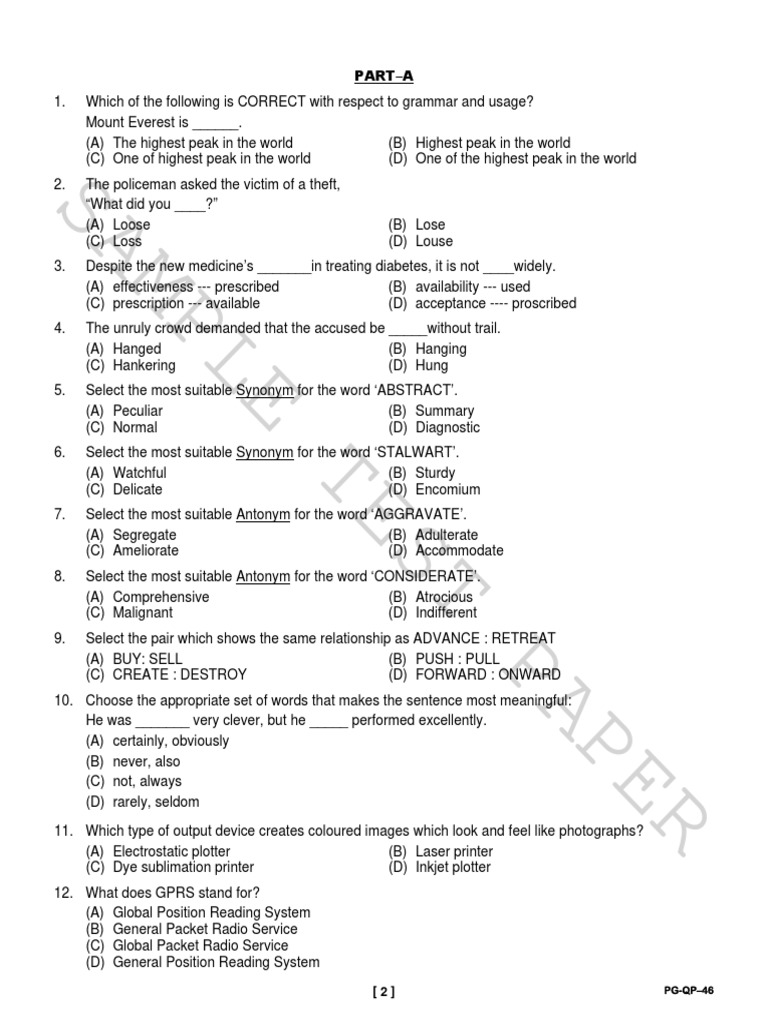 Sample Test Paper Sample Test Paper Sample Test Paper: PG-QP-46 | PDF ...