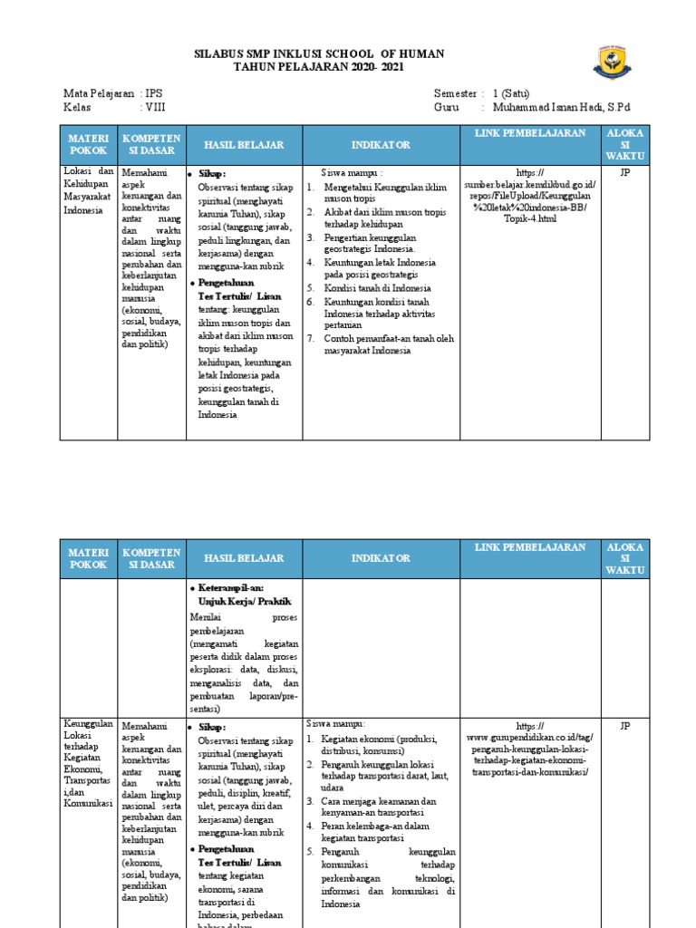 SILABUS IPS KELAS 8 TA 2021-2022 Semester 1 | PDF