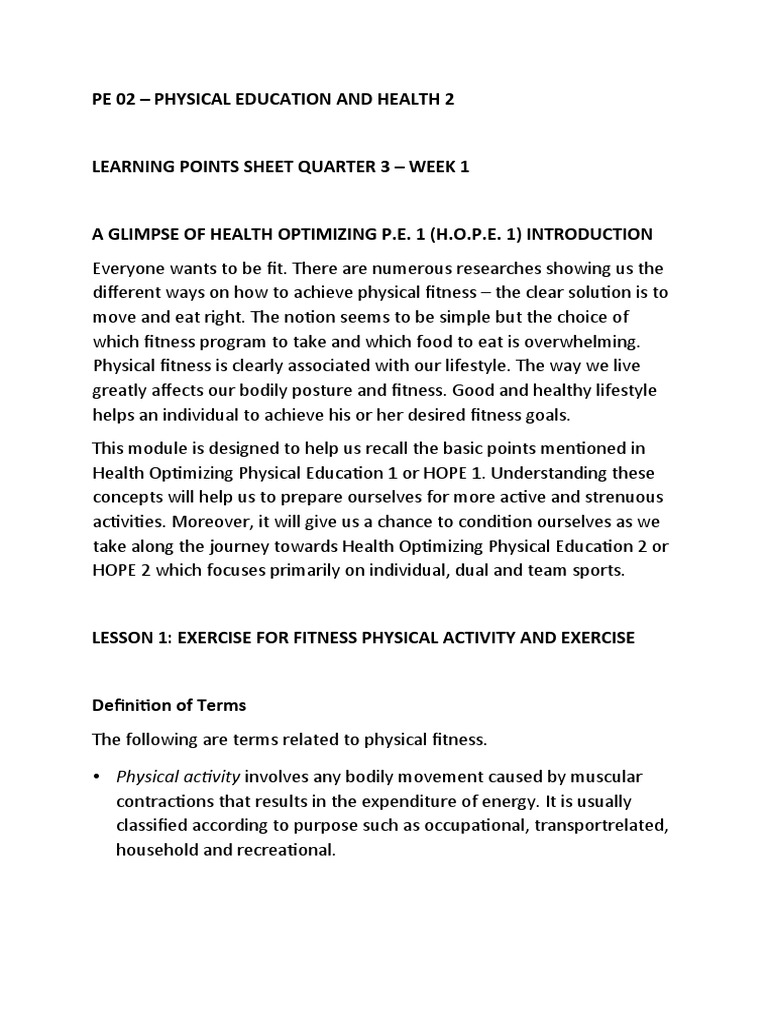 Pe 02 - Physical Education and Health 2 Learning Points Sheet Quarter 3 - Week 1 A Glimpse of ...