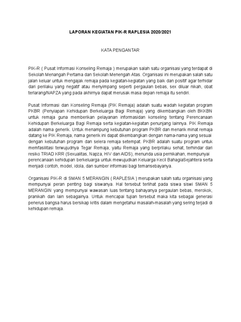 Laporan Kegiatan Pik-R Raplesia 2020-2021 | PDF | Kesehatan Holistik