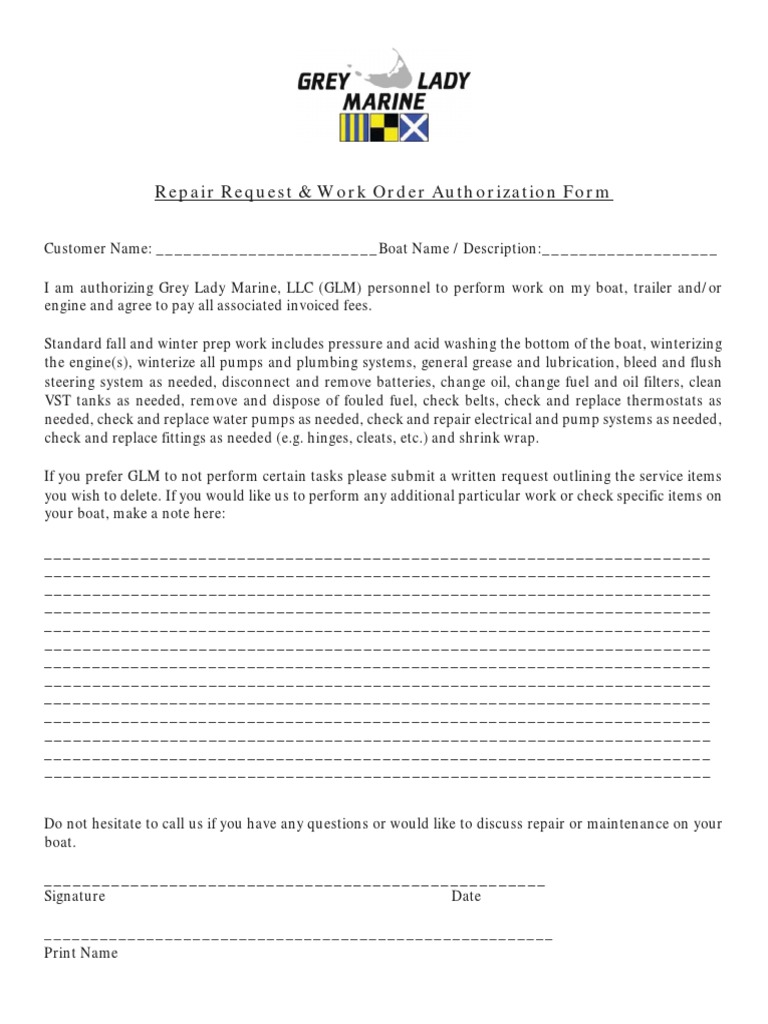 Repair Request & Work Order Authorization Form | PDF