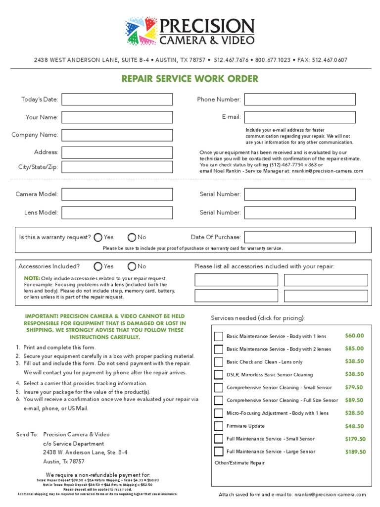 Repair Service Work Order Form | PDF | Equipment