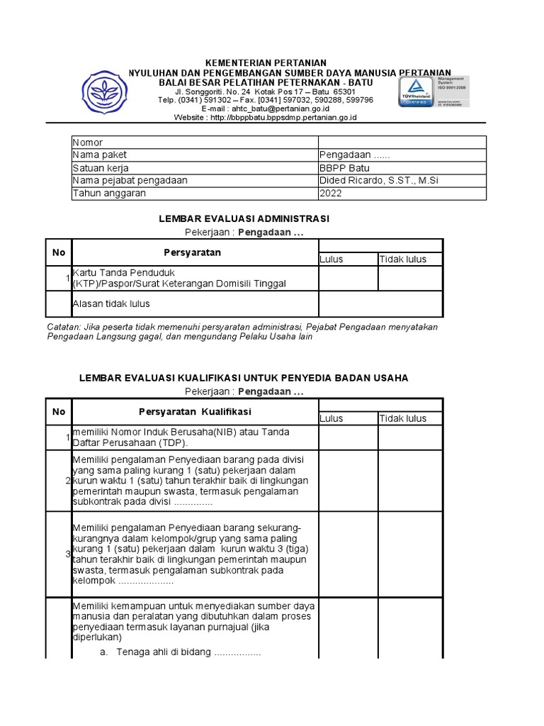 3 Kertas Kerja Evaluasi Penawaran Pengadaan Langsung Barang Dan Jasa Lainnya Maks 10juta | PDF