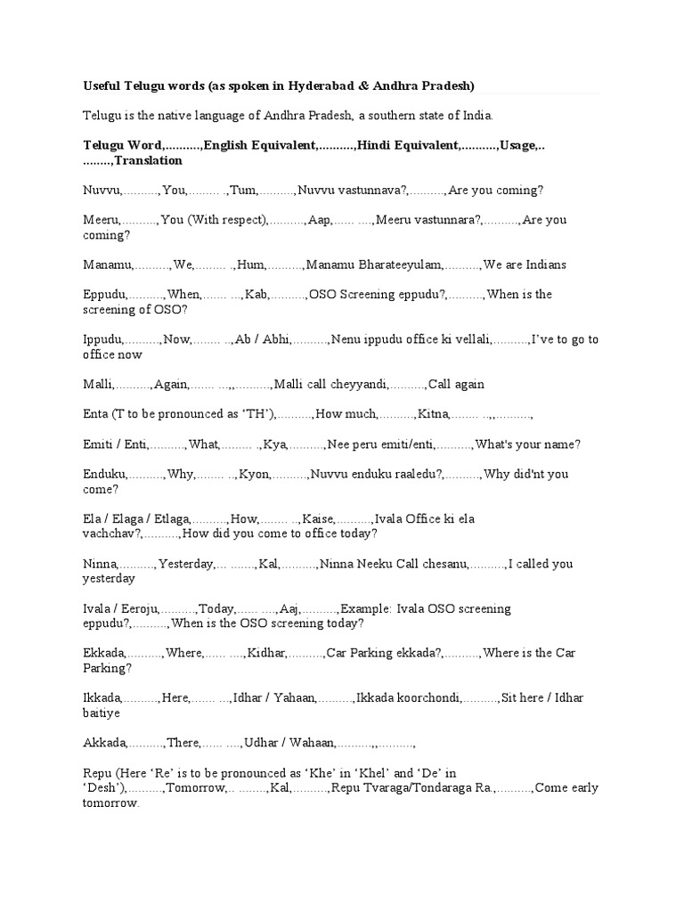 Useful Telugu Words (As Spoken in Hyderabad & Andhra Pradesh) | PDF ...