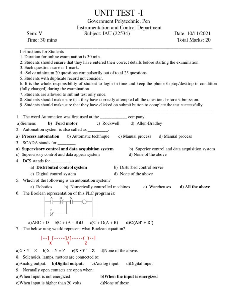 Unit Test 1 Question Paper | PDF | Programmable Logic Controller ...