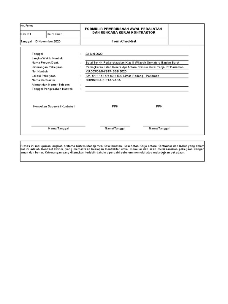 Form Checklist Sistem Manajemen K3 Kontraktor Tahap Pelaksanaan Awal ...